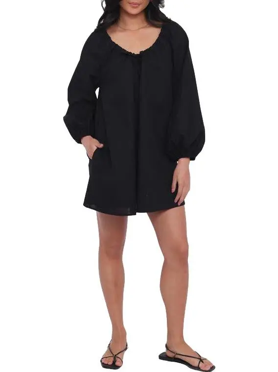 PETAL & PUP Walker Long Sleeve Cotton & Linen Minidress - Black