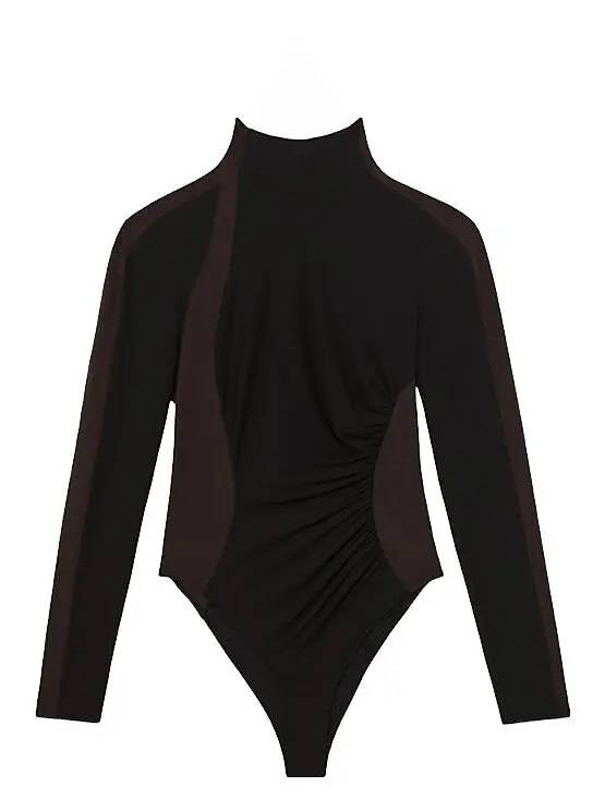 REISS Panel Ruched Bodysuit - Black Chocolate Brown