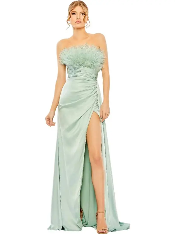 Mac Duggal Strapless Feather Detail Satin Maxi Gown - Blue