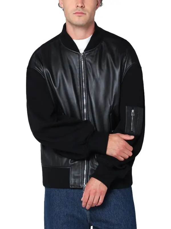 Givenchy Leather Bomber Jacket With Wool Sleeves - Black