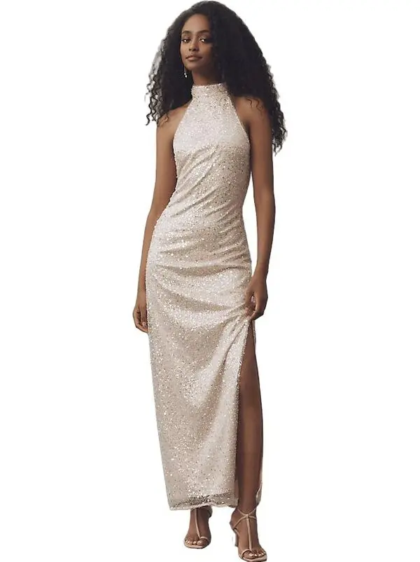 Bhldn High-neck Sequin Maxi Dress - Chai