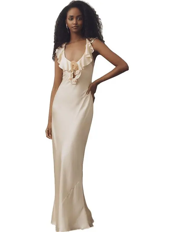 DE LA VALI Nema Ruffle Rosette Silk Satin Maxi Dress - Cream