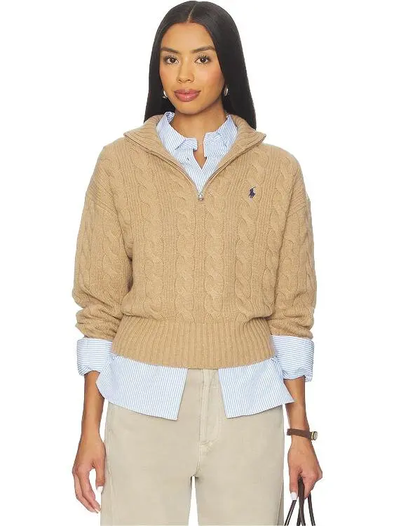 Ralph Lauren Cable Wool Cashmere Half Zip Sweater - Collection Camel Melange