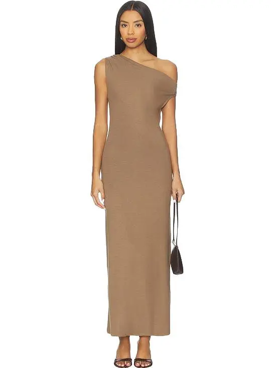 LESET Lauren Ruched Asymmetrical Shoulder Dress - Walnut