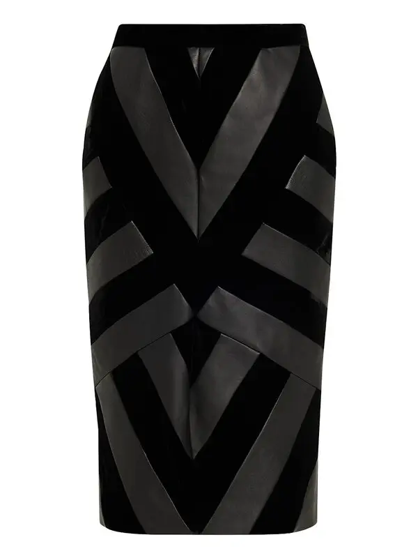 SERGIO HUDSON Chevron Paneled Leather Midi Pencil Skirt - Black
