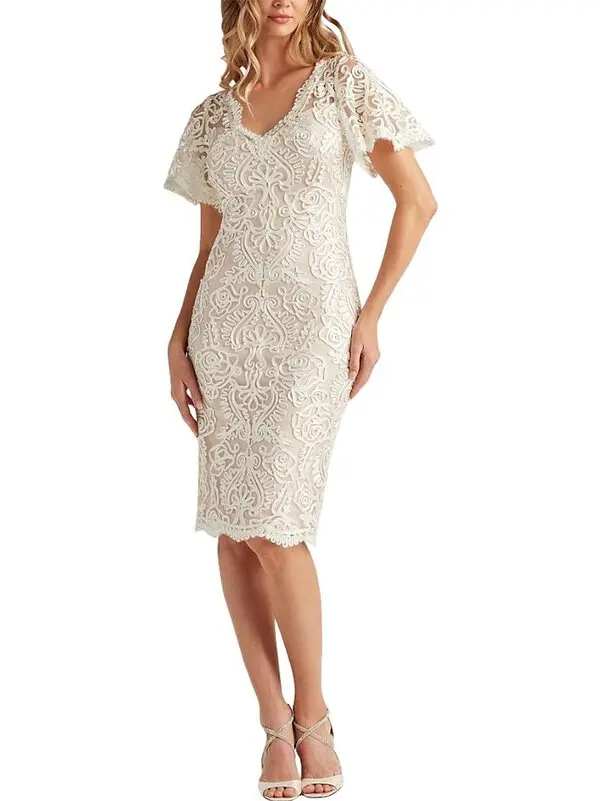 Tadashi Shoji Arnett Embroidered Flutter Sleeve Dress - Ivory