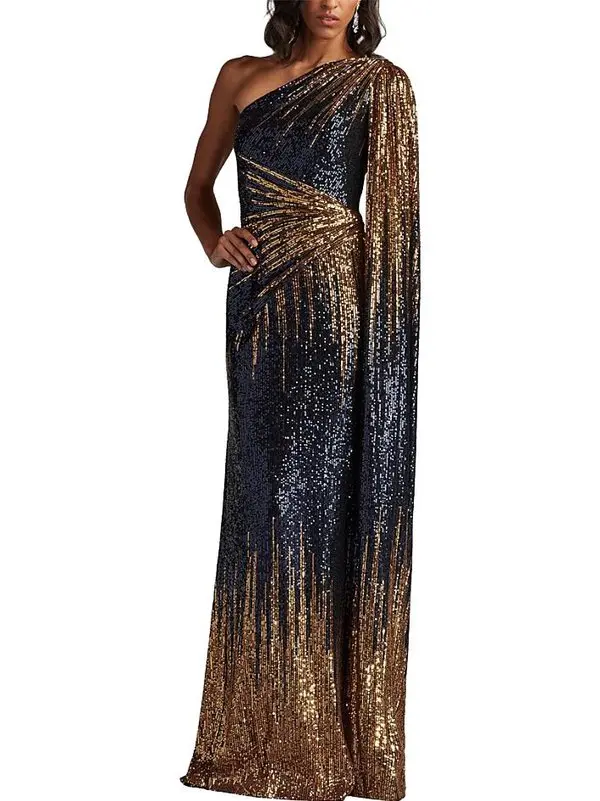Tadashi Shoji Marseille Sequin Cape-sleeve Gown - Navy