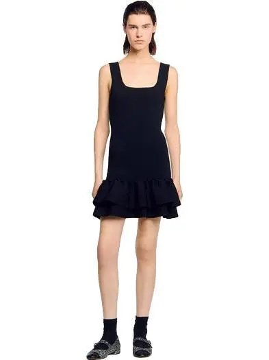 Sandro Mini Knit Dress With Ruffled Skirt - Black