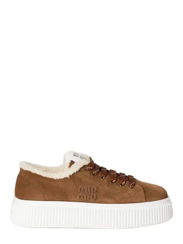 Miu Miu Suede And Shearling Sneakers - Brown