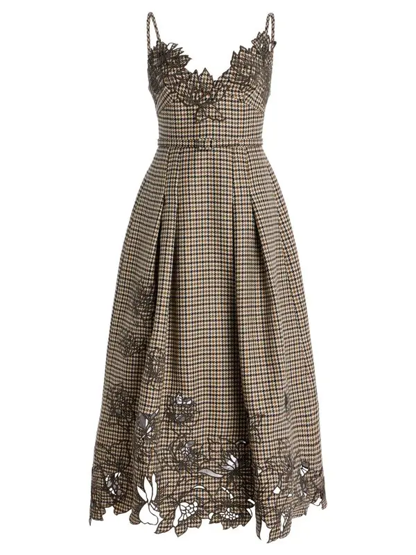 Oscar De La Renta Embroidered Pied De Poule Wool Midi Dress - Multi