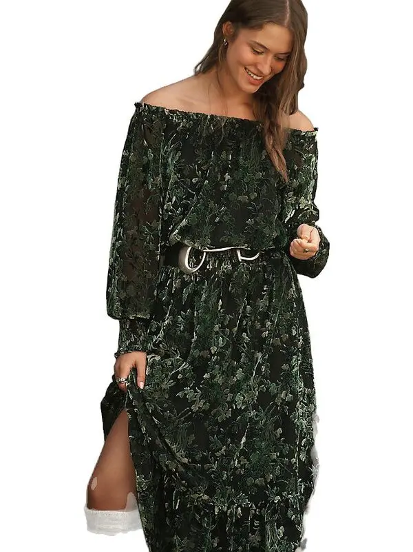 Anthropologie Smocked Off-shoulder Velvet Maxi Dress - Green Pattern