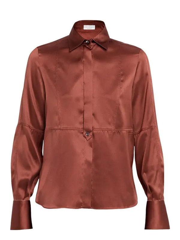 Brunello Cucinelli Stretch Satin Button-front Blouse - C4182 Fire Brick
