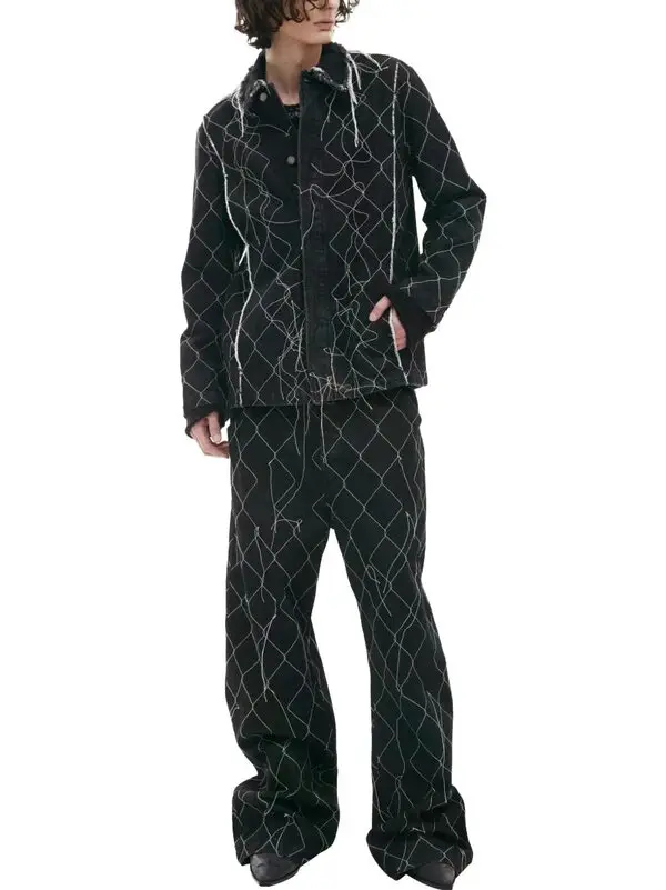 AIREI Frayed Embroidered Denim Jacket - Black