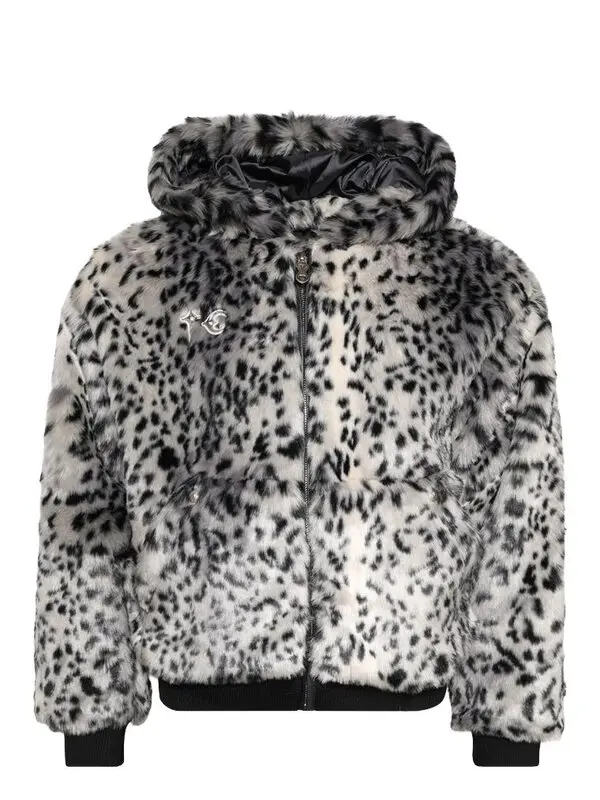 THUG CLUB Leopard Print Fur Hooded Jacket - White