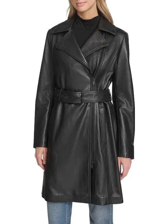 Andrew Marc Jacqui Leather Trench Coat - Black