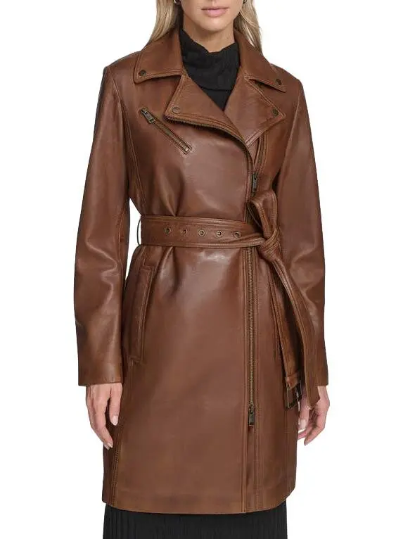 Andrew Marc Jacqui Leather Trench Coat - Cognac