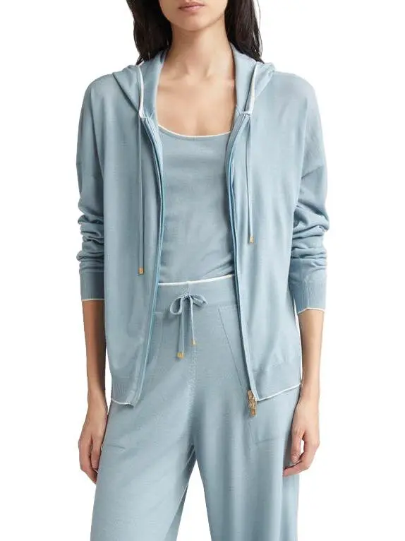 Eleventy Merino Wool Zip Hoodie - Aqua And White