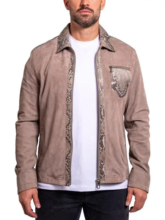 MACEOO Ascension Suede & Python Print Leather Jacket - Grey