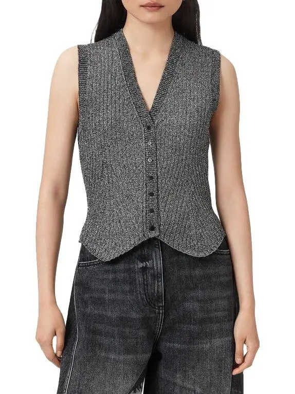 All Saints Cruz Shine Knit Waistcoat - Metallic Silver