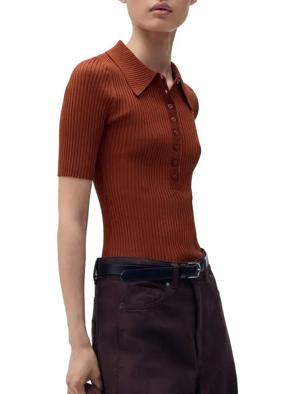 Mango Ribbed Short Sleeve Polo Sweater - Russet