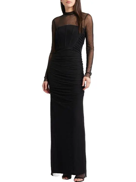 Black Halo Lexington Rhinestone Detail Long Sleeve Mesh Column Gown - Star Light