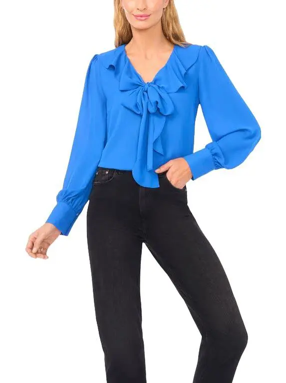 CECE DUPRAZ Ruffle Tie Neck Georgette Top - Cobalt Petal