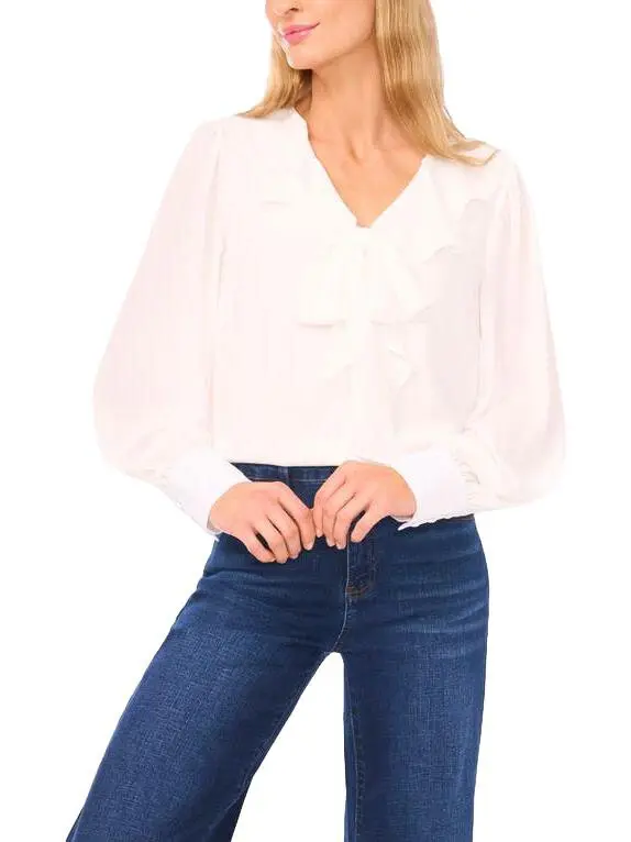 CECE DUPRAZ Ruffle Tie Neck Georgette Top - New Ivory