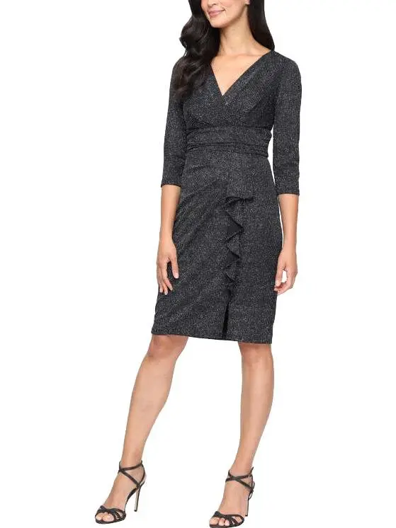 SL FASHIONS Ruffle Metallic Knit Cocktail Dress - Black
