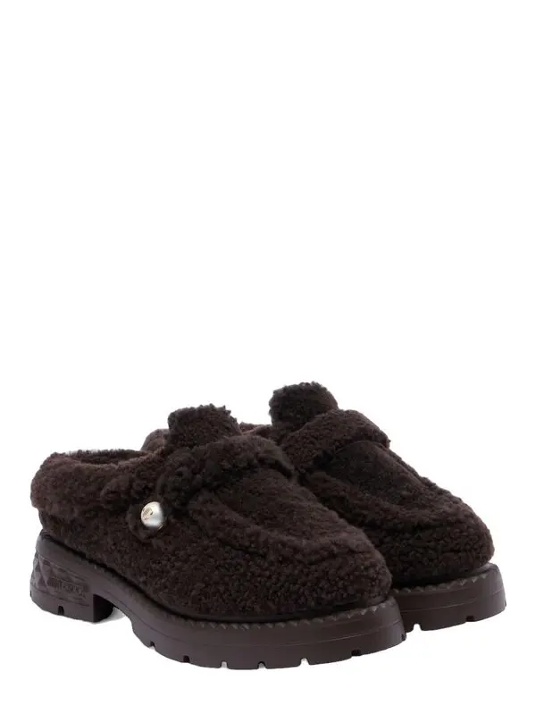 JIMMY CHOO Shea Shearling Platform Mules - Brown