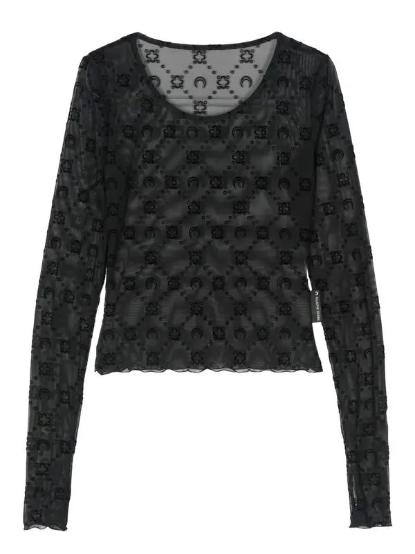 MARINE SERRE Moonogram Mesh Long Sleeve Cropped Top - Black