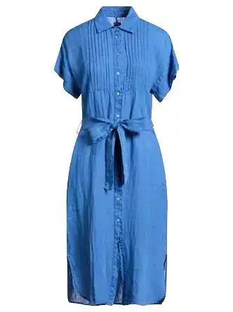 120% Lino Blue Long Sleeve Day Dresses | Editorialist