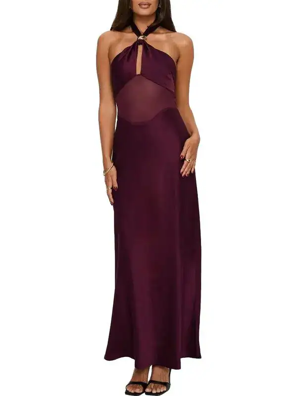 open lace back dress Indi Halter Cowl Neck Mini Dress Purple Shimmer main image 0