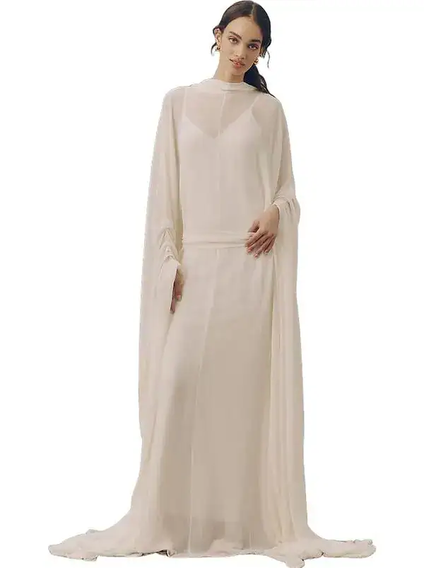 slim fit dress slacks SL Fashions 170111 Short Chiffon Beaded Tiered Cape Dress