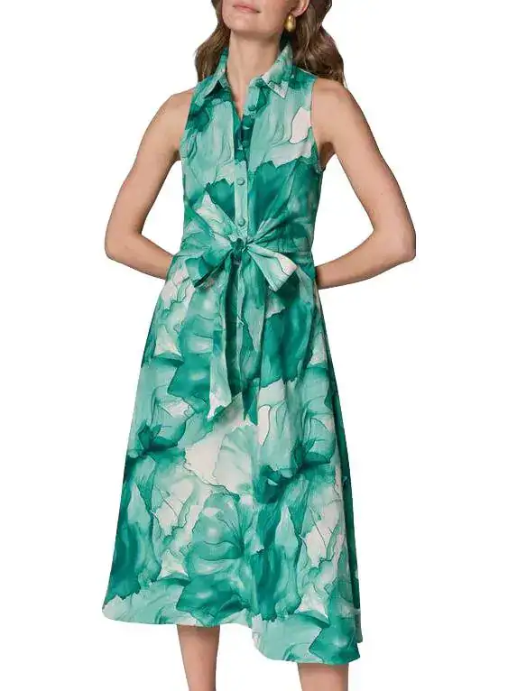 knee length dresses for ladies Linen Blend Floral Midi Shirt Dress | Shirt Dress main image 0