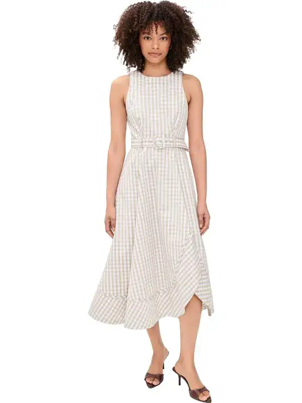 knee length dresses for ladies Check Short Sleeve Shirred Midi Dress main image 1