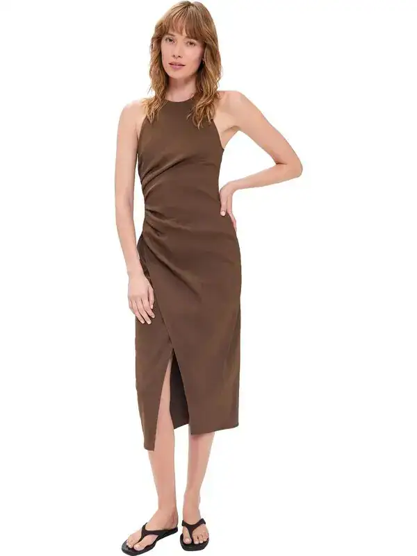 plain brown bodycon dress Simply Brown Ribbed Bodycon Midi Lounge Dress – Forever Yanè main image 0