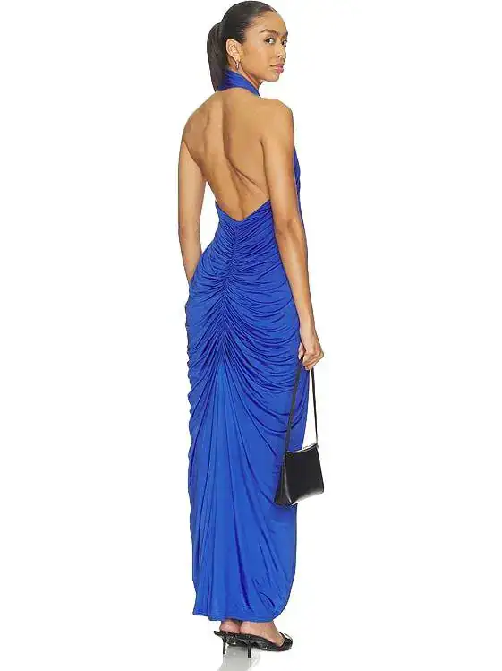 cobalt blue ruched dress Cobalt Blue Ruched High Neck Midi Dress – AX Paris US main image 0