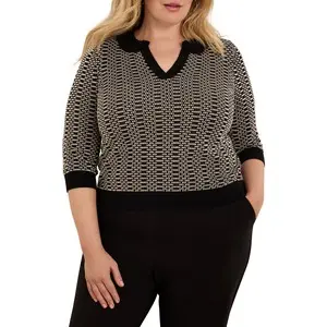 NIC+ZOE Geo Stitch Collared Sweater - Black Multi