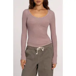 NUUDS Slinky Scoop Neck Rib Top - Heather Cocoa