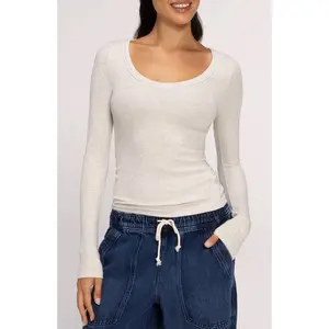 NUUDS Slinky Scoop Neck Rib Top - Heather Fog