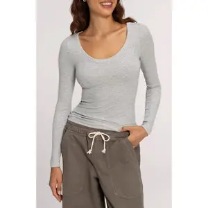NUUDS Slinky Scoop Neck Rib Top - Heather Grey