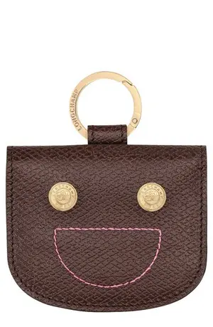 Longchamp Leather Card Case With Key Ring - Mocha
