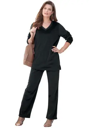 Roaman's Two Piece V Neck Velour Set - Black