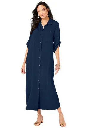 Roaman's Collared Button Front Dress - Navy