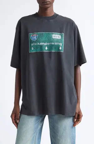 Alexander Wang Oversize Hotfix Crystal Street Sign Graphic T-shirt - Washed Black