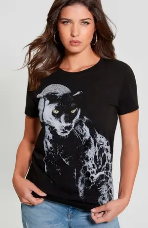Guess Panther Moon Embellished Organic Cotton Graphic T-shirt