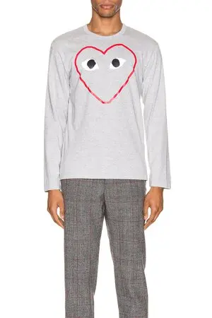 Play Comme Des Garcon Heart Logo Long Sleeve Tee - Grey