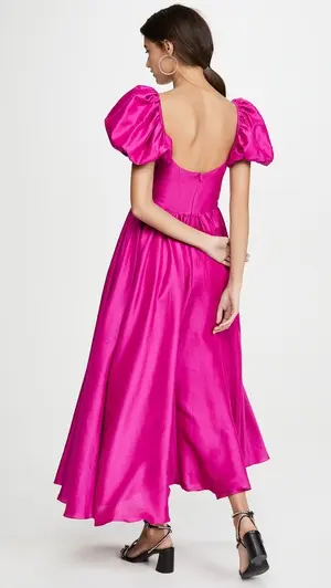 Azeeza Rory Puff Sleeve Silk Dress - Magenta