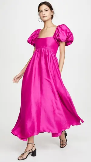 Azeeza Rory Puff Sleeve Silk Dress - Magenta