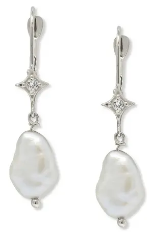 Anzie Emilia Gothic Star Cultured Pearl Drop Earrings - Silver